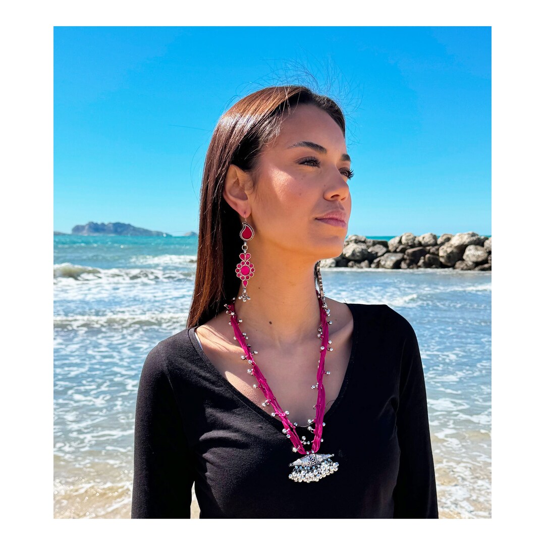 Taviz Amulet Pendant Necklace and Bells on Fushia Cotton Link / Boho ...