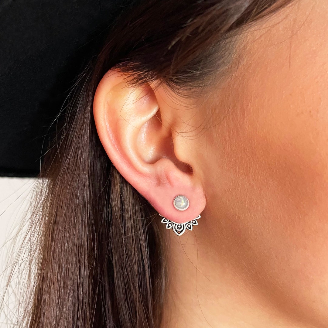 Minimalist Mandala Ear Jacket Earrings in Silver Plated and Opal-colored Cabochon, Boho Yoga ...