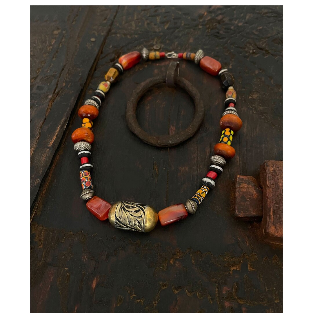 Ancient Berber Necklace With Copal Bead, Silver Beads and Multi Beads ...