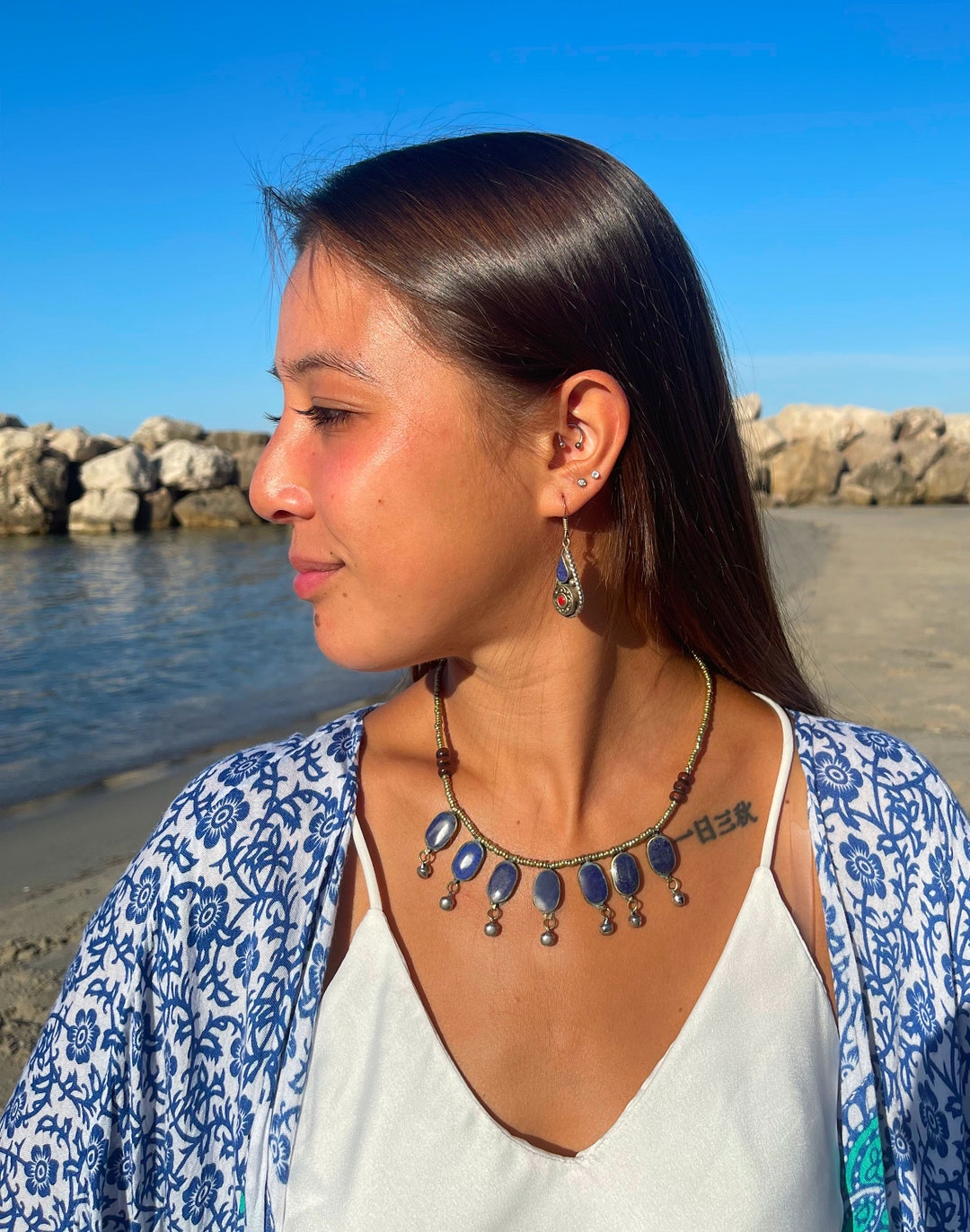 Kuchi Necklace in Natural Lapis Lazuli, Traditional Bells, Brass Beads ...