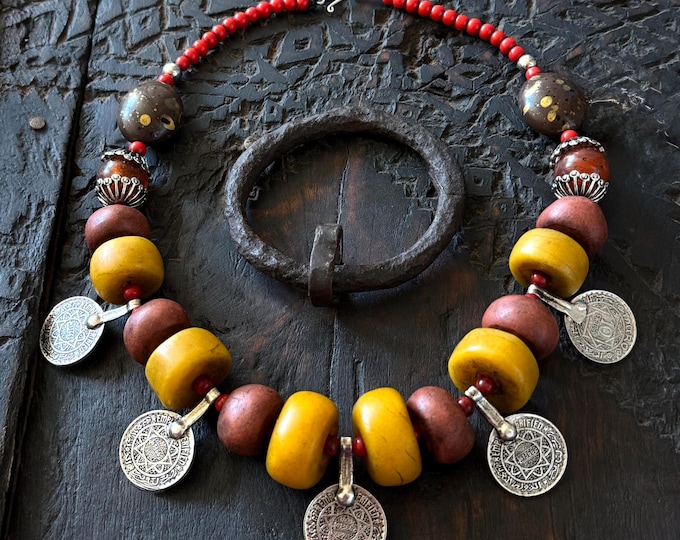 Berber Necklace With Ancient Coins, Copal Beads, Coral Colored Beads ...