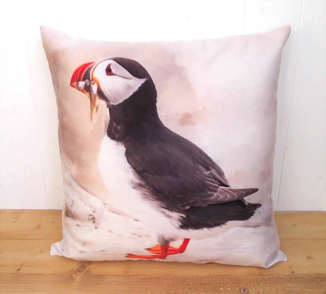 Puffin Bird Cushion: Handmade Coastal Pillow, Cover Only or Cover + Pad ...
