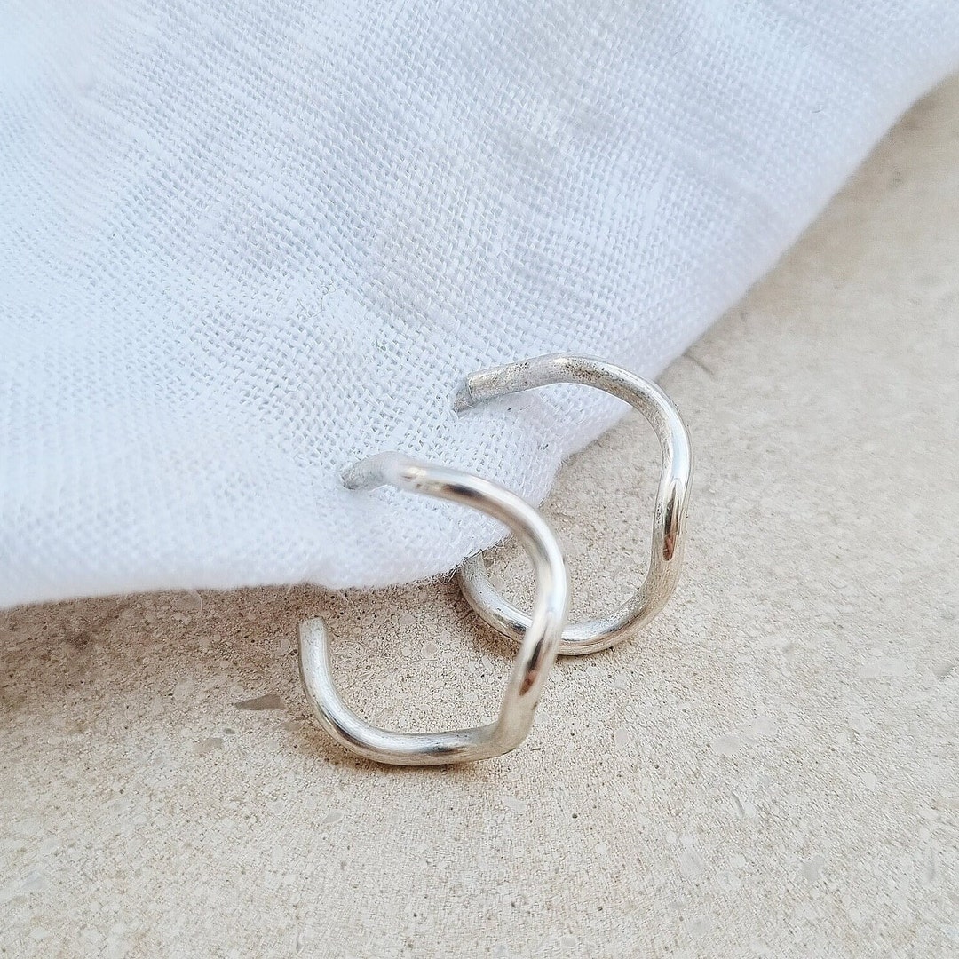 925 Sterling Silver Handmade Wavy Earrings, Minimal Silver Hoop ...
