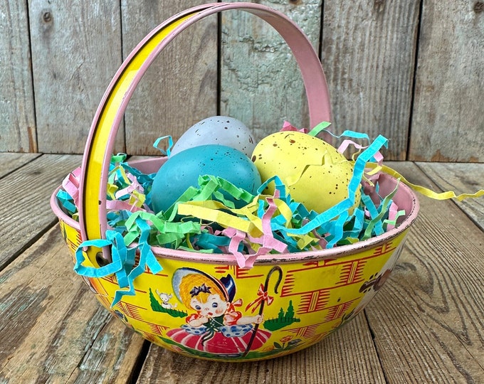 Vintage Tin Litho Basket - J. Chein & Co - Small Vintage Easter Basket - Spring Basket - Vintage ...