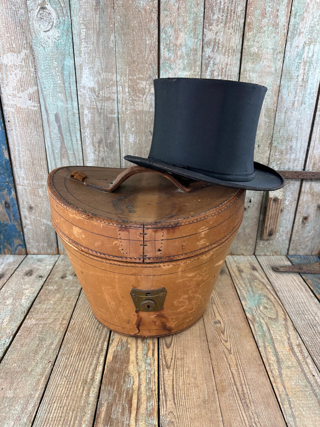Antique Leather Hat Case and Antique Top Hat Shabby Black Silk ...