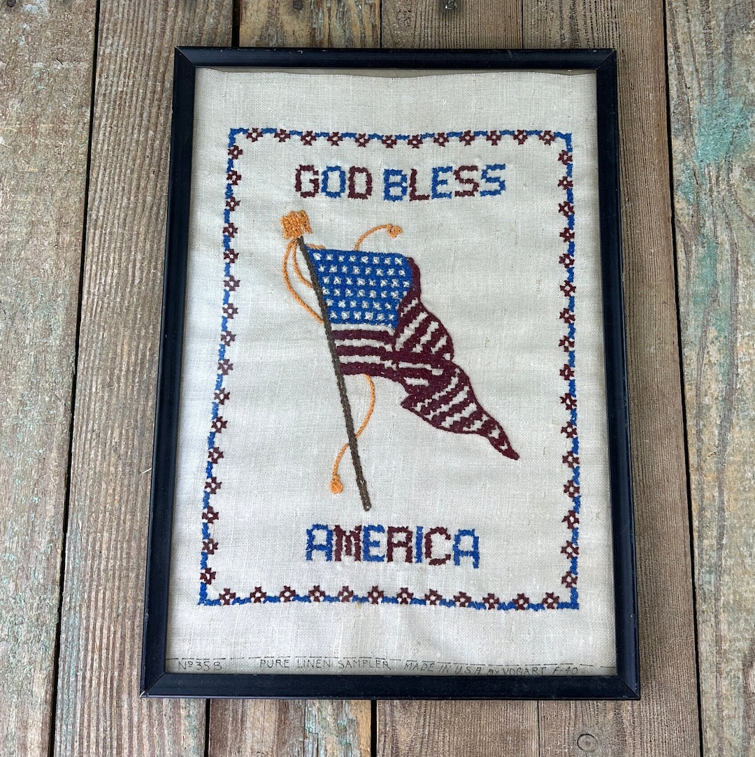 Vintage Needlepoint God Bless America Patriotic Finished Cross Stitch ...