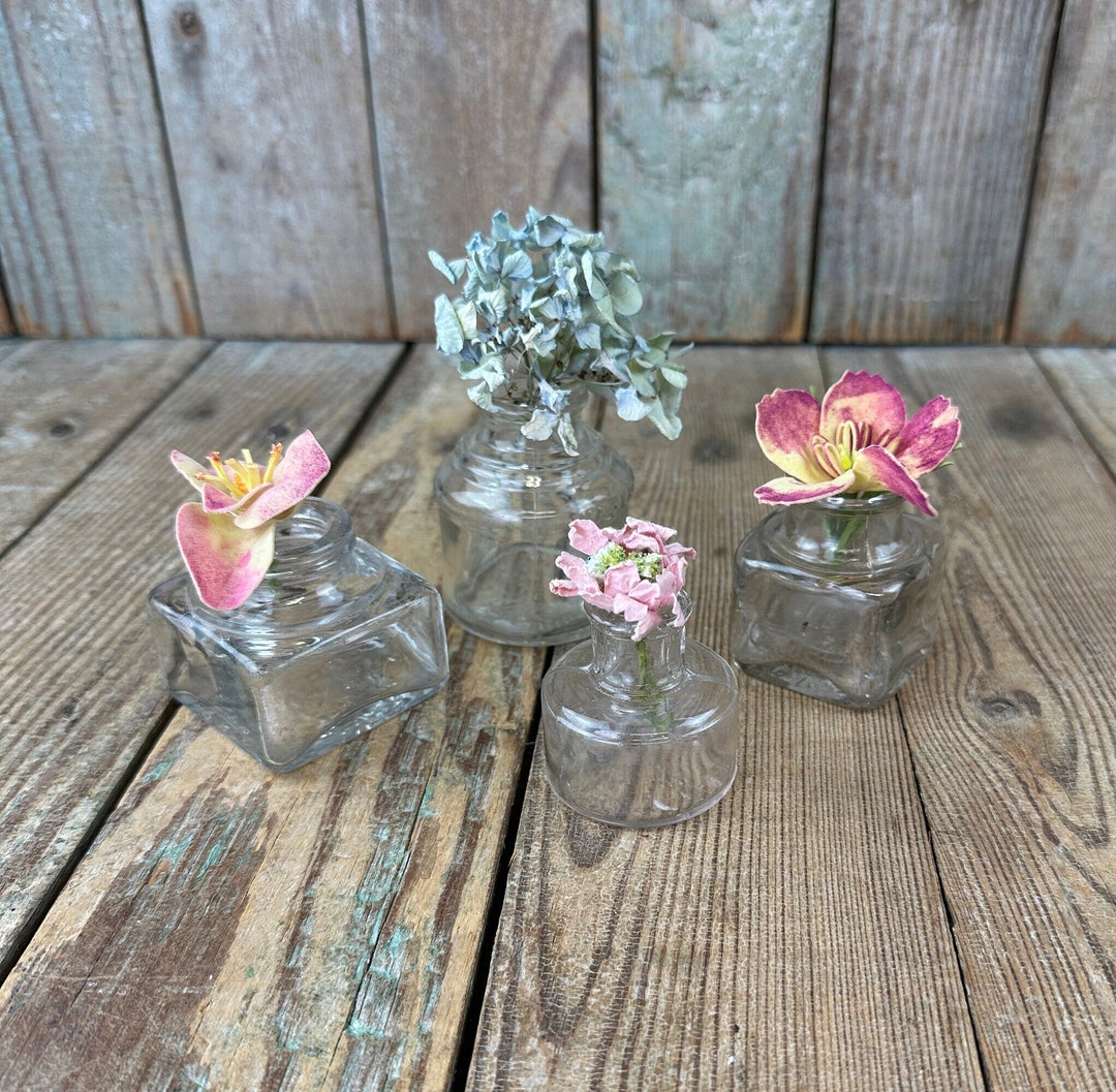 Set of 4 Vintage Inkwells Clear Glass Inkwell Collection Small Bottles ...