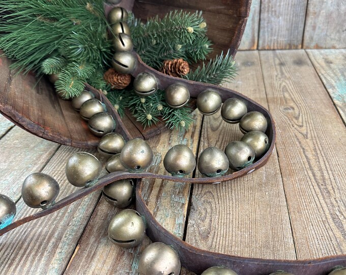 Vintage Sleigh Bells - Long Leather Strap of 40 Brass Sleigh Bells ...