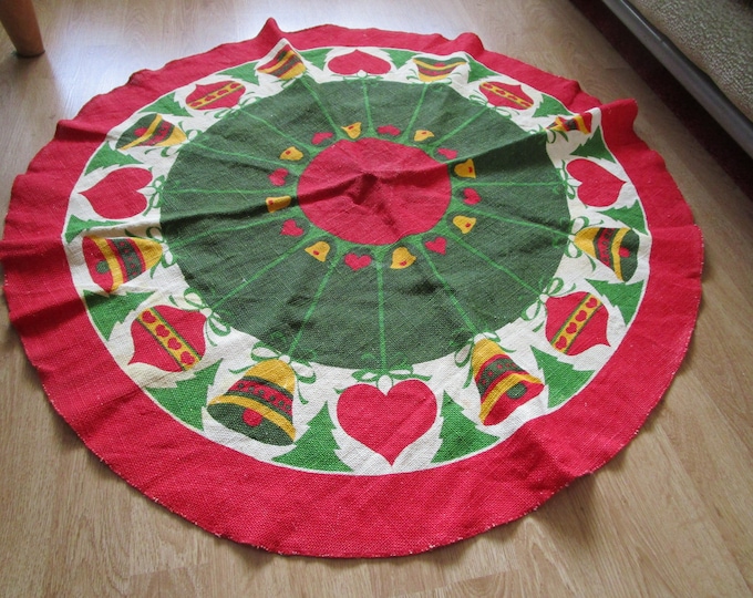 Vintage Tree Skirt Burlap Jute With Christmas Ornaments Bells - Etsy