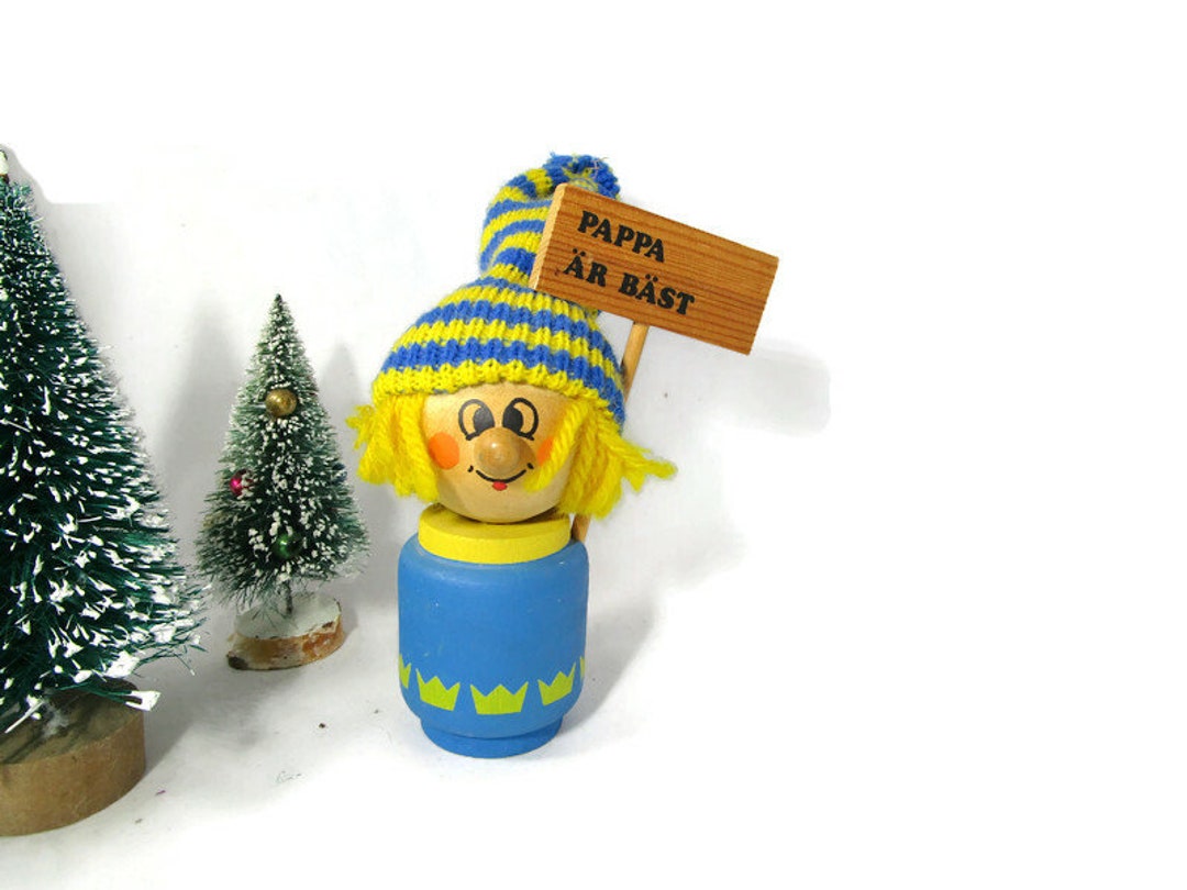 Vintage Swedish Wooden Gnome Figurine Doll Blue Yellow Pointy - Etsy