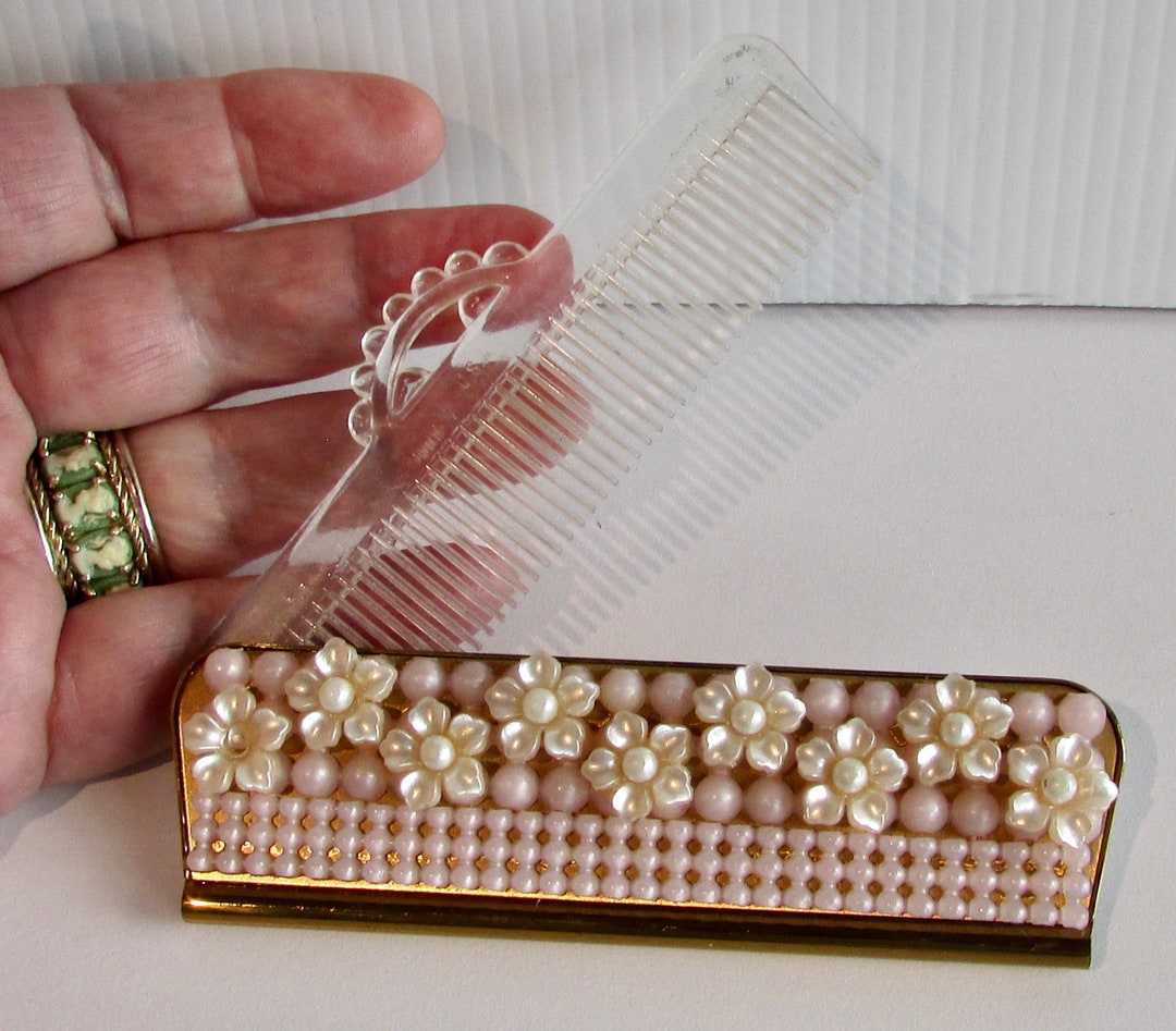 Vintage Vanity Plastic Purse Pink Flowers Beads Comb With Mirror/pretty ...