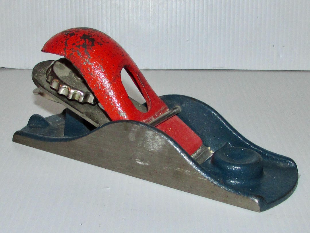 Vtg Beautiful Adjustable Red and Blue Stanley USA Wood Plane/ Pretty ...