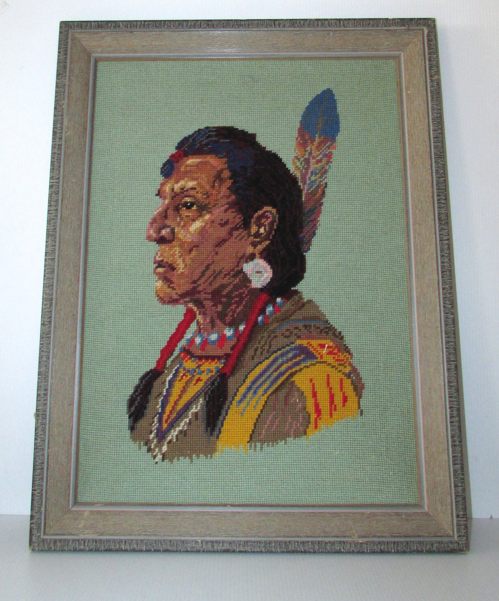 Vintage Needlepoint indian Chief Framed/ Superbe - Etsy