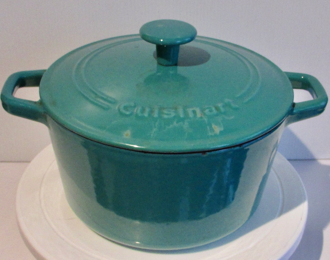 Vintage Beautiful Round Green Cast Iron Enamel Casserole CUISINART With ...