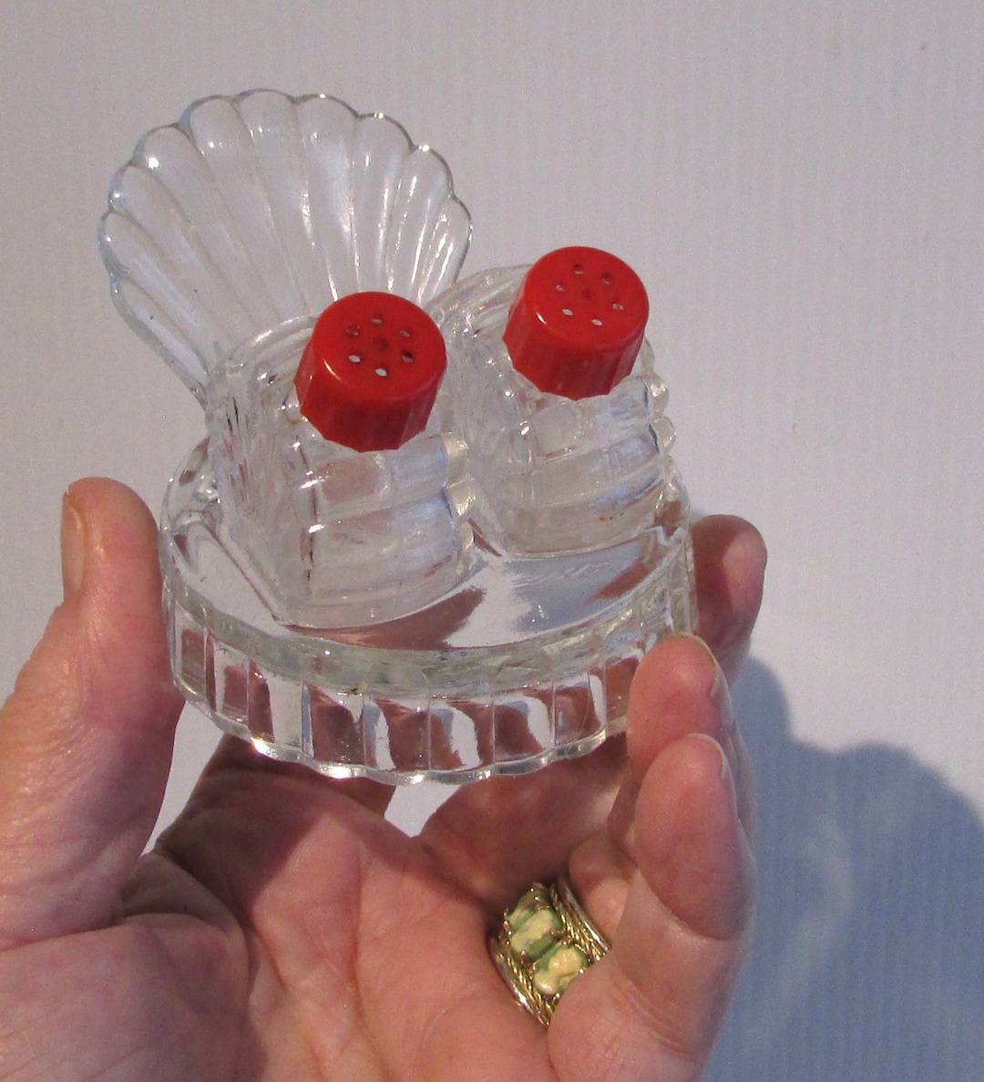 Vtg Collectable Clear Pressed Glass Salt and Pepper Shakers/red Knobs ...