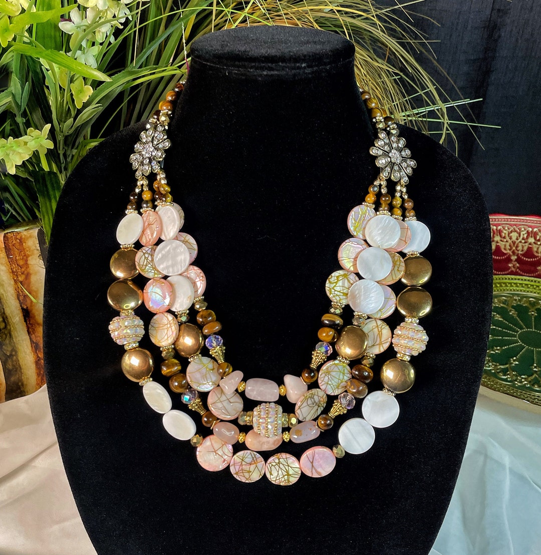 Pink Shell Statement Necklace, Multi Strand Chunky Bold Necklace, Gifts ...