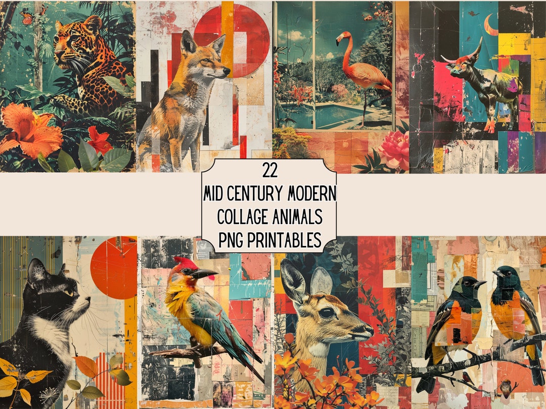 Mid Century Modern Collage Animals - 22 PNG Files - Printable Art ...