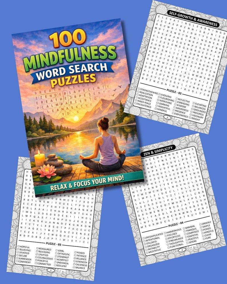 100 Mindfulness Word Search Puzzles Printable PDF | Relaxing Meditation ...