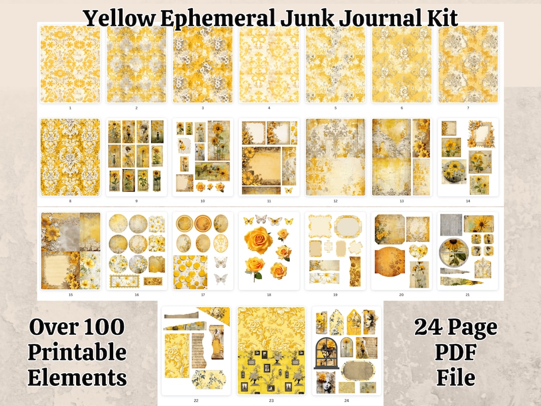 Yellow Ephemeral Junk Journal Kit - Printable PDF - 24 Pages of ...