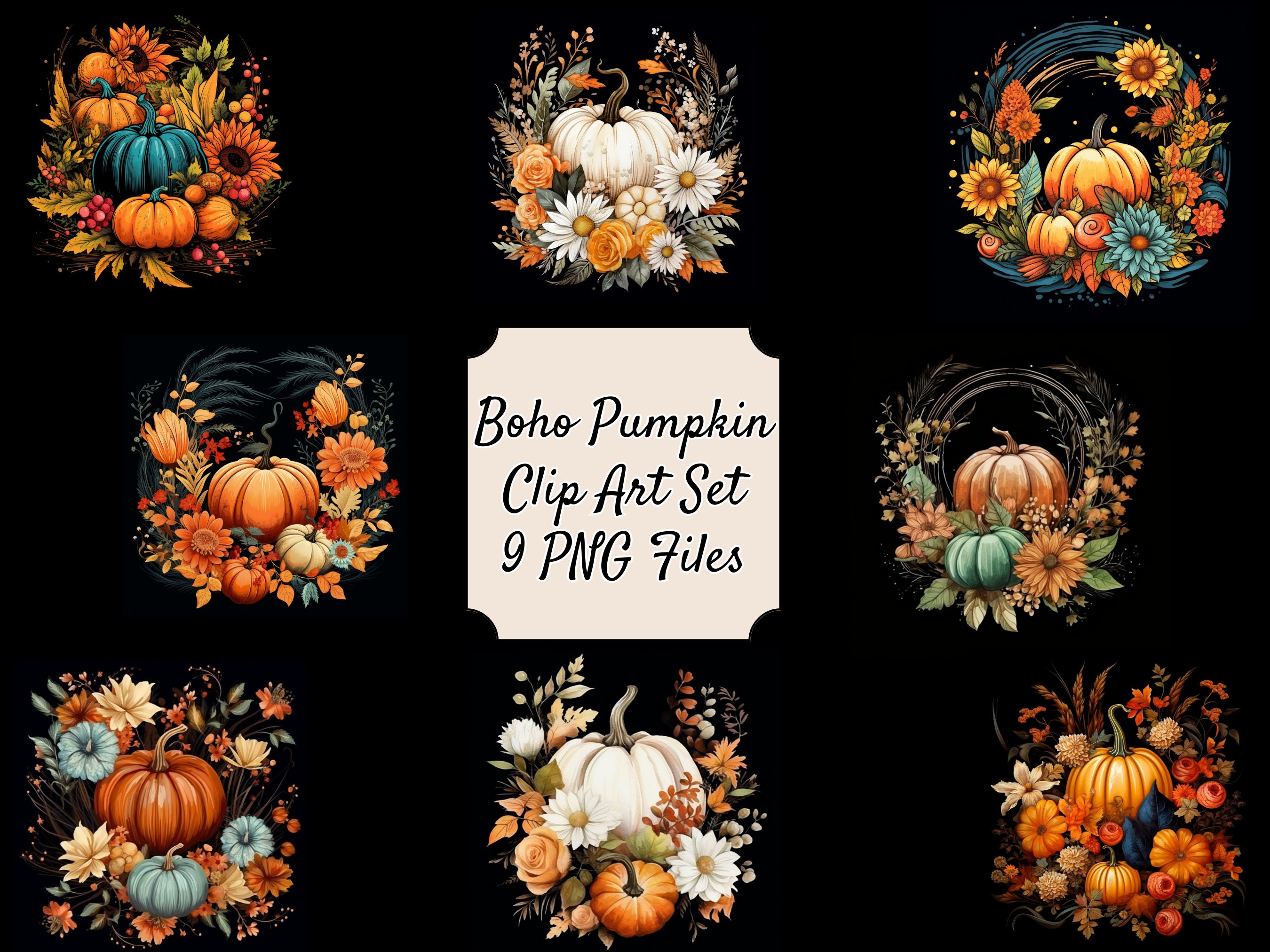 Boho Pumpkin Clip Art Set 9 PNG Files Digital Download - Etsy