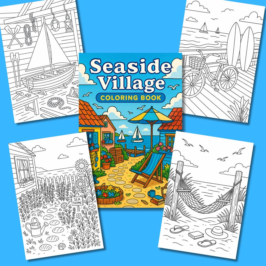 Seaside Village Coloring Book: 24 Coastal Town Art Pages (PDF Download ...