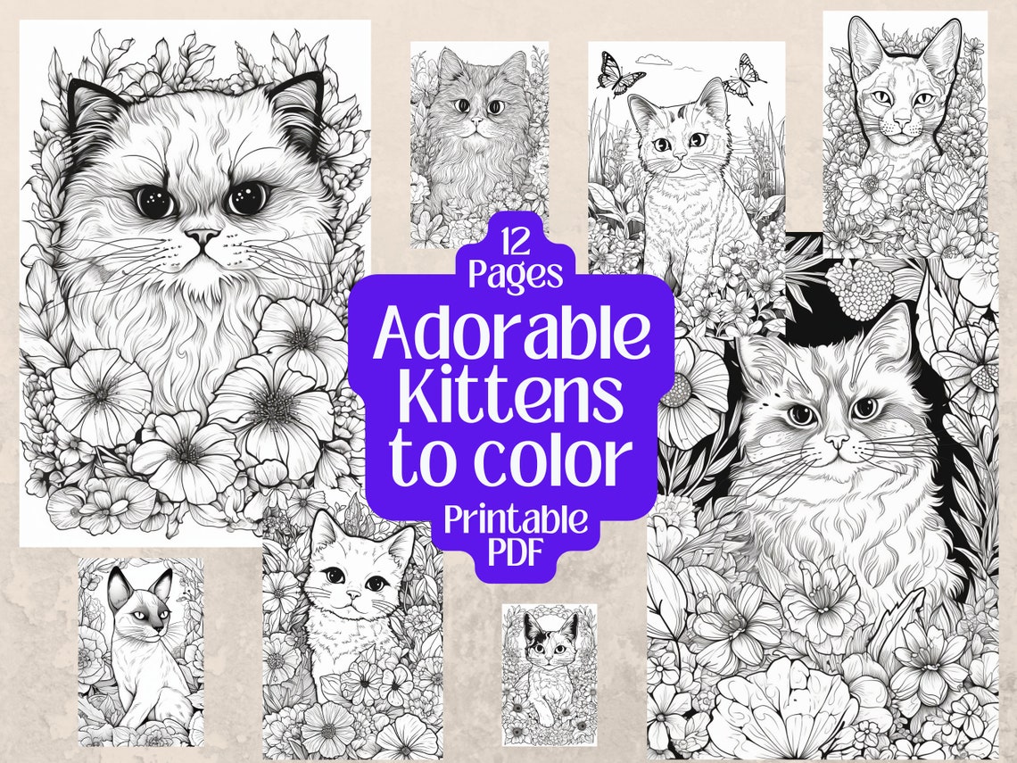 12 Charming Kitten Coloring Pages Cute Kittens With Flowers - Etsy