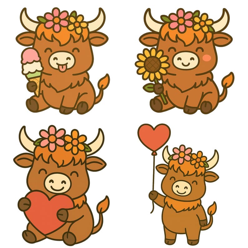 Kawaii Highland Cow Clipart Set | Farm Animal PNG (commercial Use) - Etsy