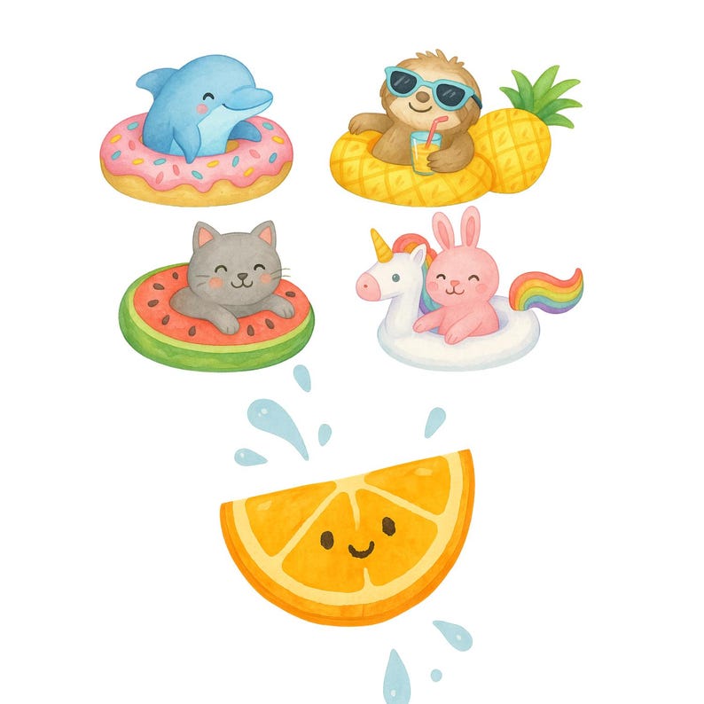 Pool Party Clipart – Cute Summer Animals, Floaties & Swimwear Pngs ...