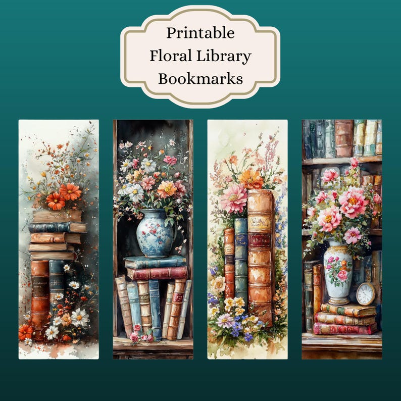 Watercolor Floral Bookmarks: Vintage Book Stack Designs (PDF Printable ...