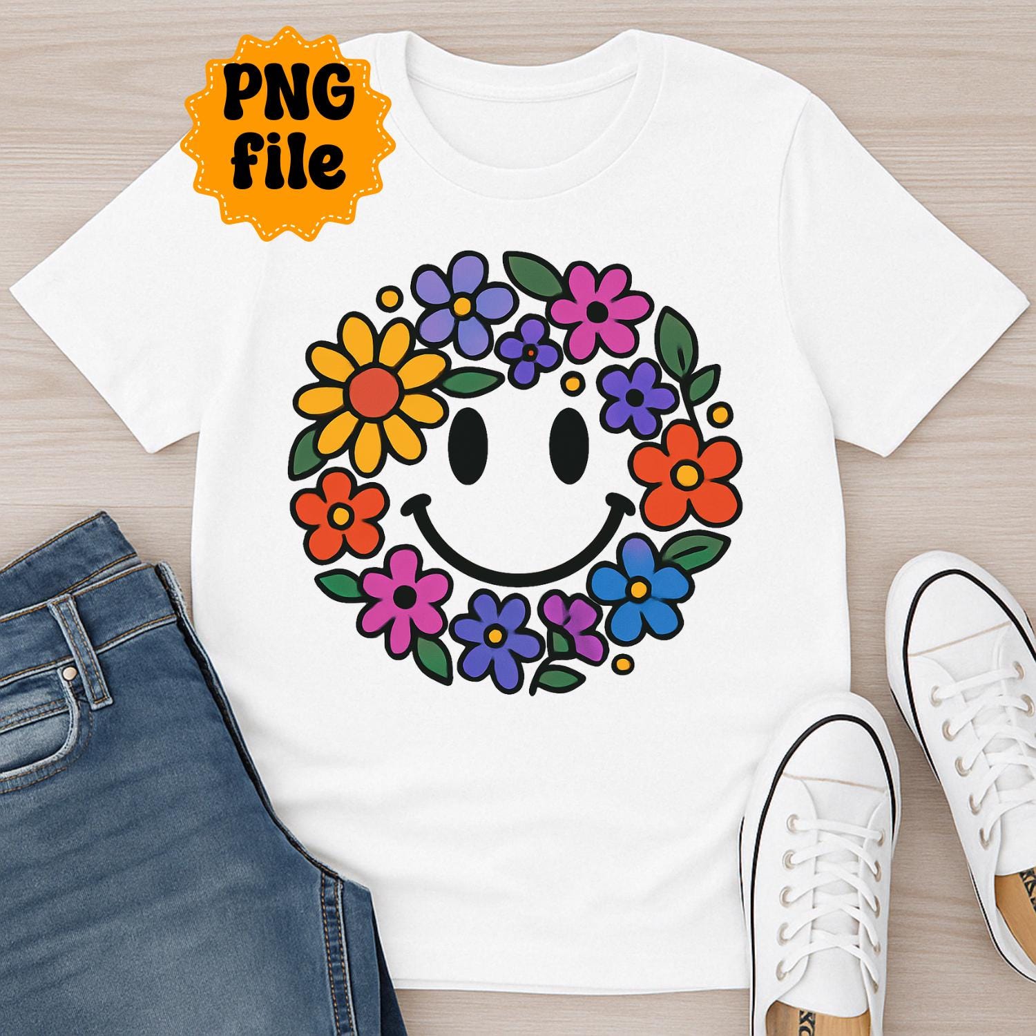 Floral Smiley Face PNG – Groovy Retro Flower Face Design for T-shirts ...