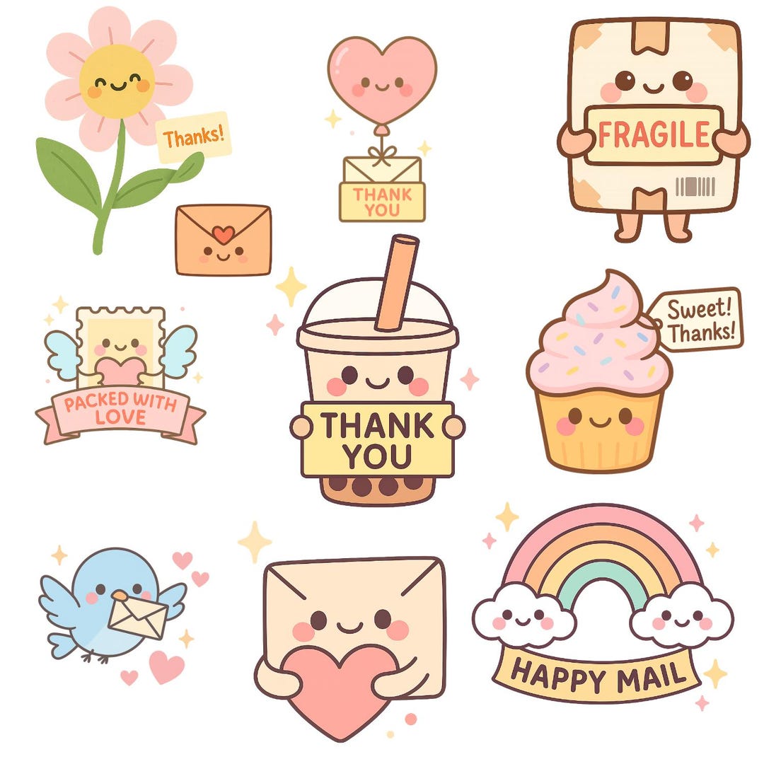 Kawaii Happy Mail Clipart Set: Thank You PNG Stickers (digital Download ...