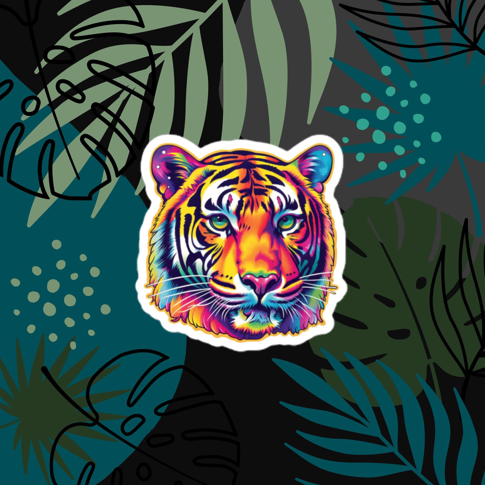 Vibrant Retro Tiger Face Sticker 80s/90s Inspired Water Bottle, Laptop ...