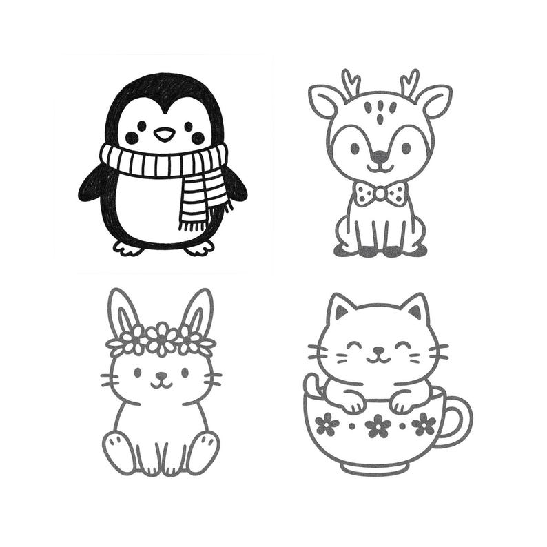 Kawaii Animal Clipart Bundle: 30 Black and White Pngs, Commercial Use ...