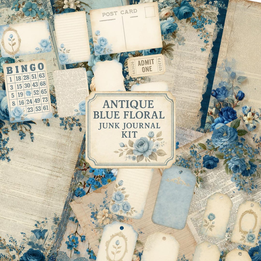 Blue Floral Junk Journal Kit: Vintage Ephemera, Printable PDF (17 Pages ...