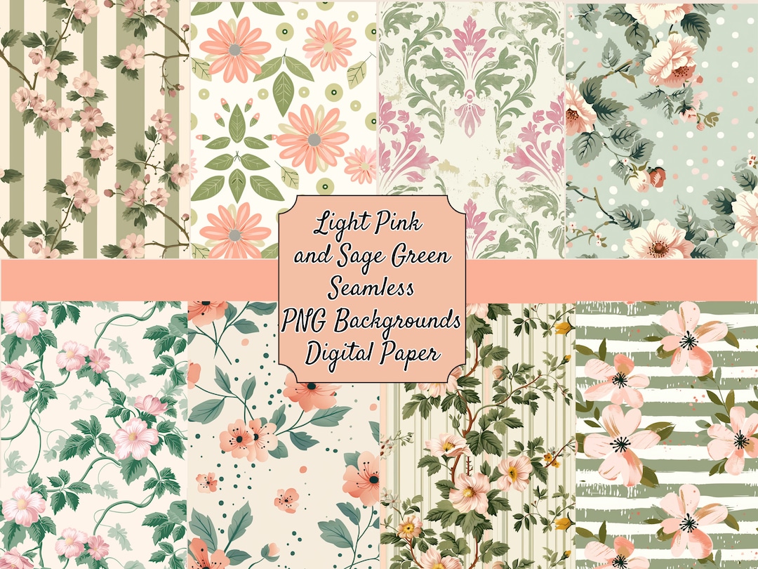 Floral Digital Paper Pack: Pink and Sage Green PNG Backgrounds (digital ...