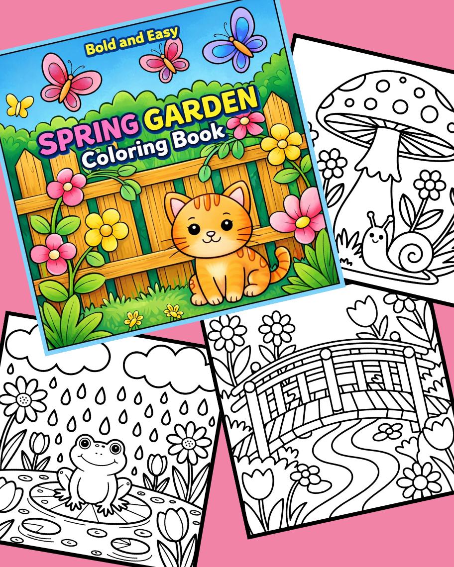 Spring Garden Coloring Book Printable PDF – 44 Pages Bold Easy Animals ...