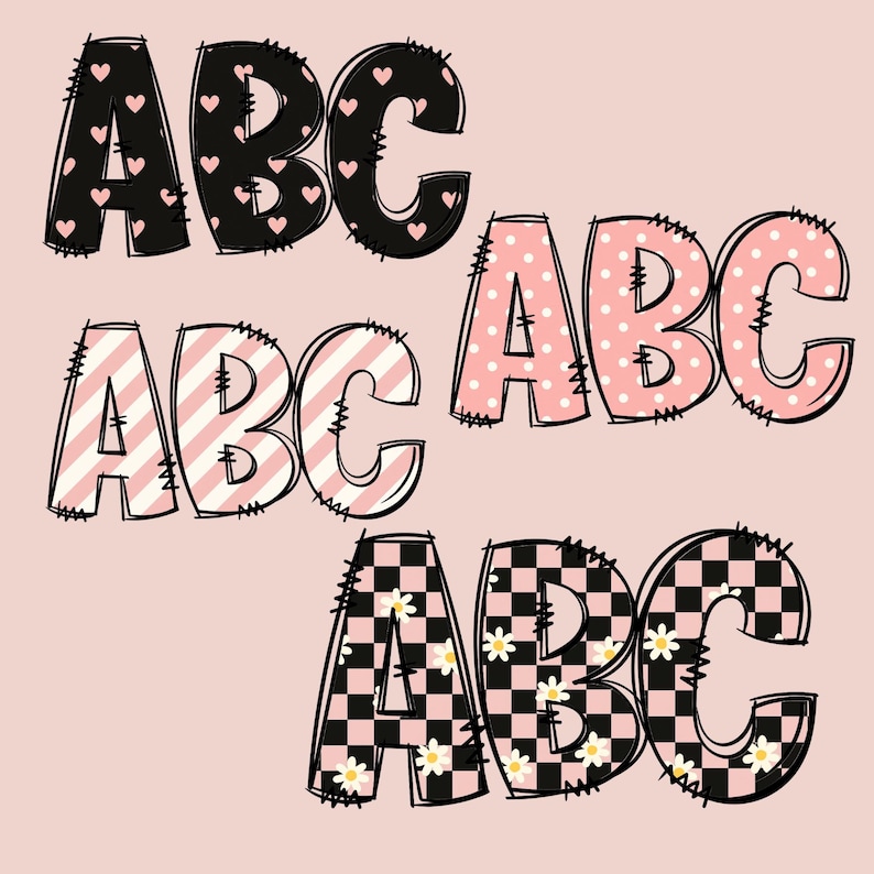 Pink & Black Doodle Letter PNG Bundle: 4 Alphabet Styles (commercial ...