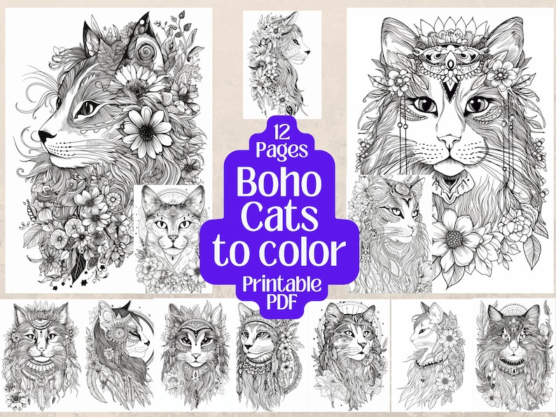 Boho Cat Coloring Pages: Majestic Floral Felines (printable PDF) - Etsy