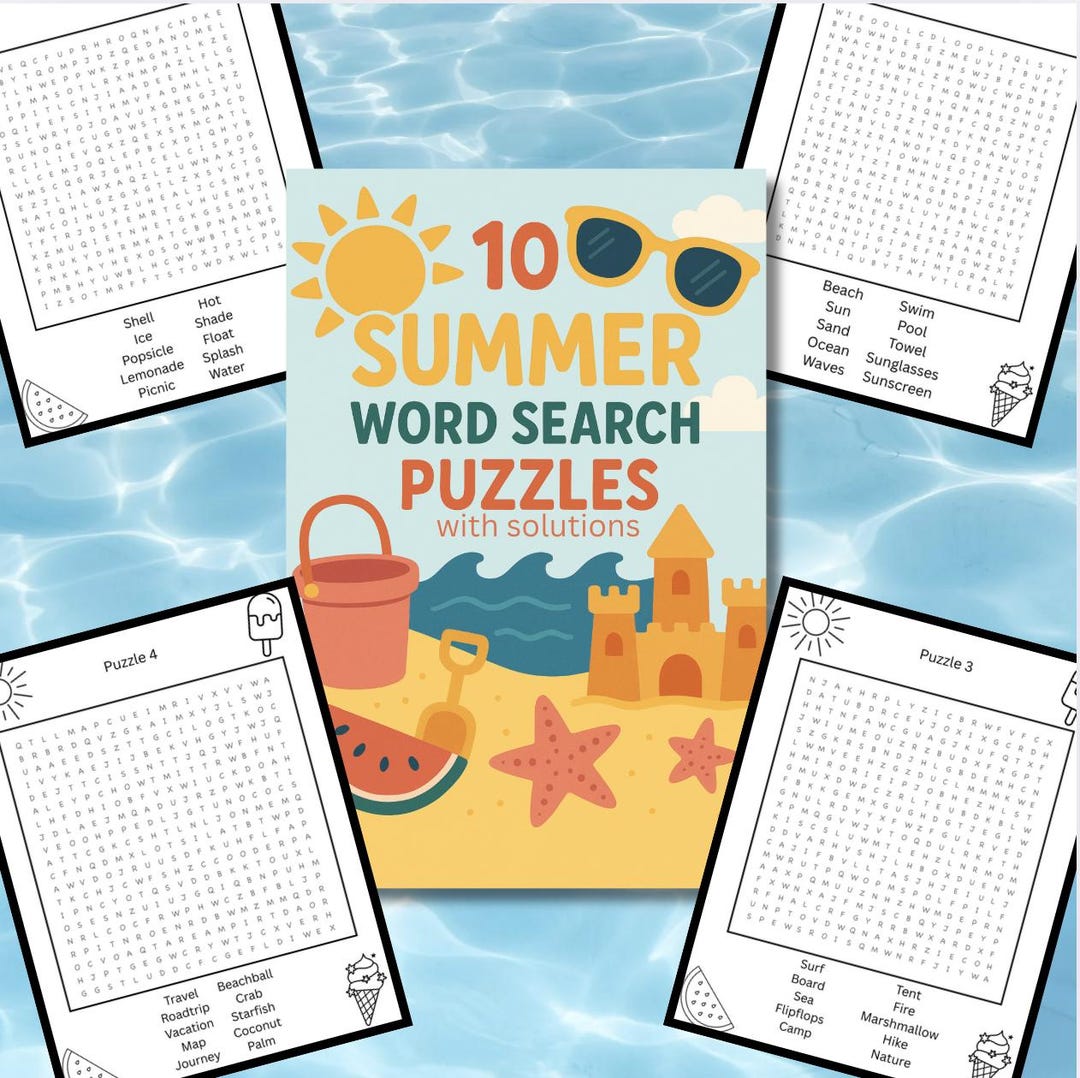 10 Summer Word Search Puzzles Printable PDF | Fun Activity Book for ...
