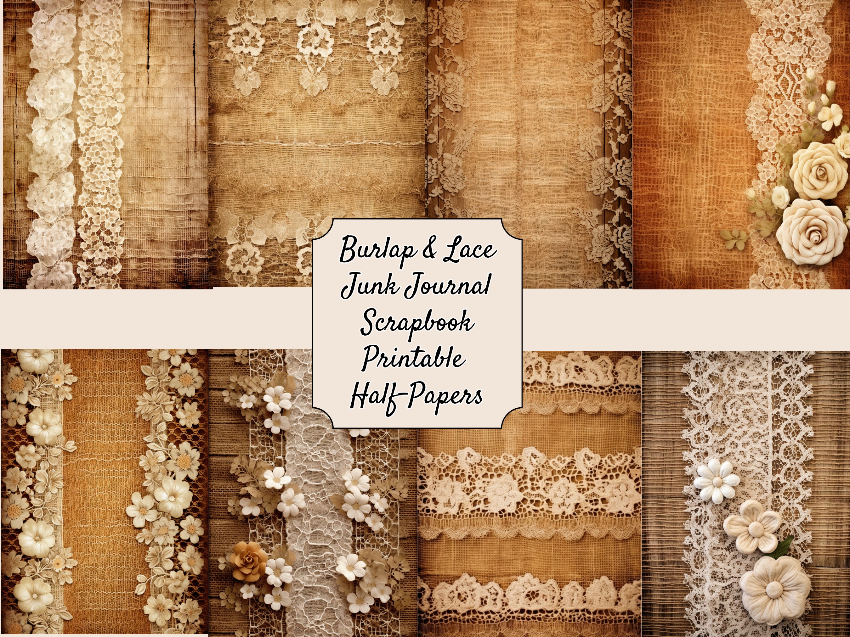 Burlap and Lace Printable Half Papers for Junk Journals, Scrapbooks ...