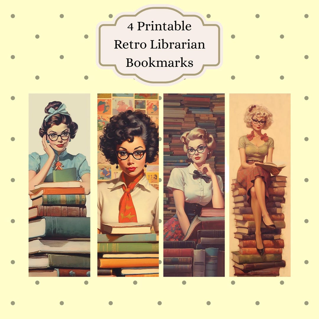 Retro Pin-up Librarian Bookmarks – Set of 4 Printable Bookmarks PDF ...