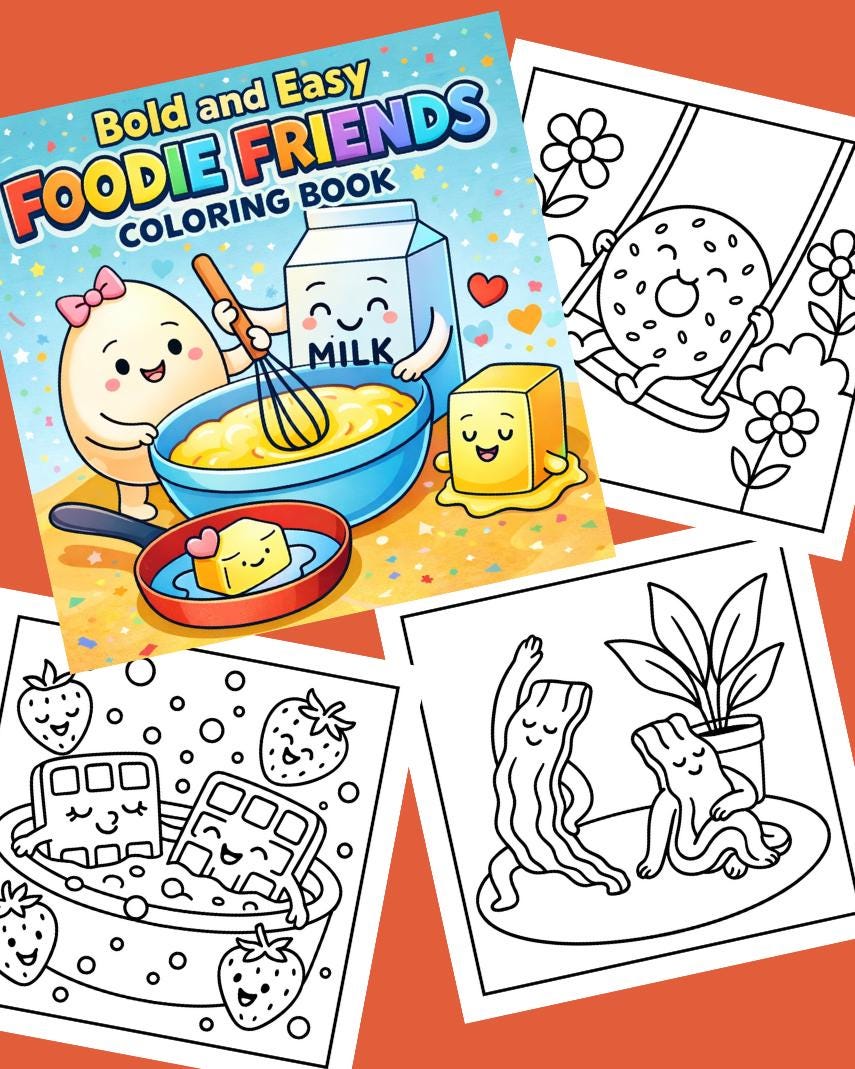 Foodie Friends Coloring Book Printable PDF, 24 Pages, Bold Easy Foods ...