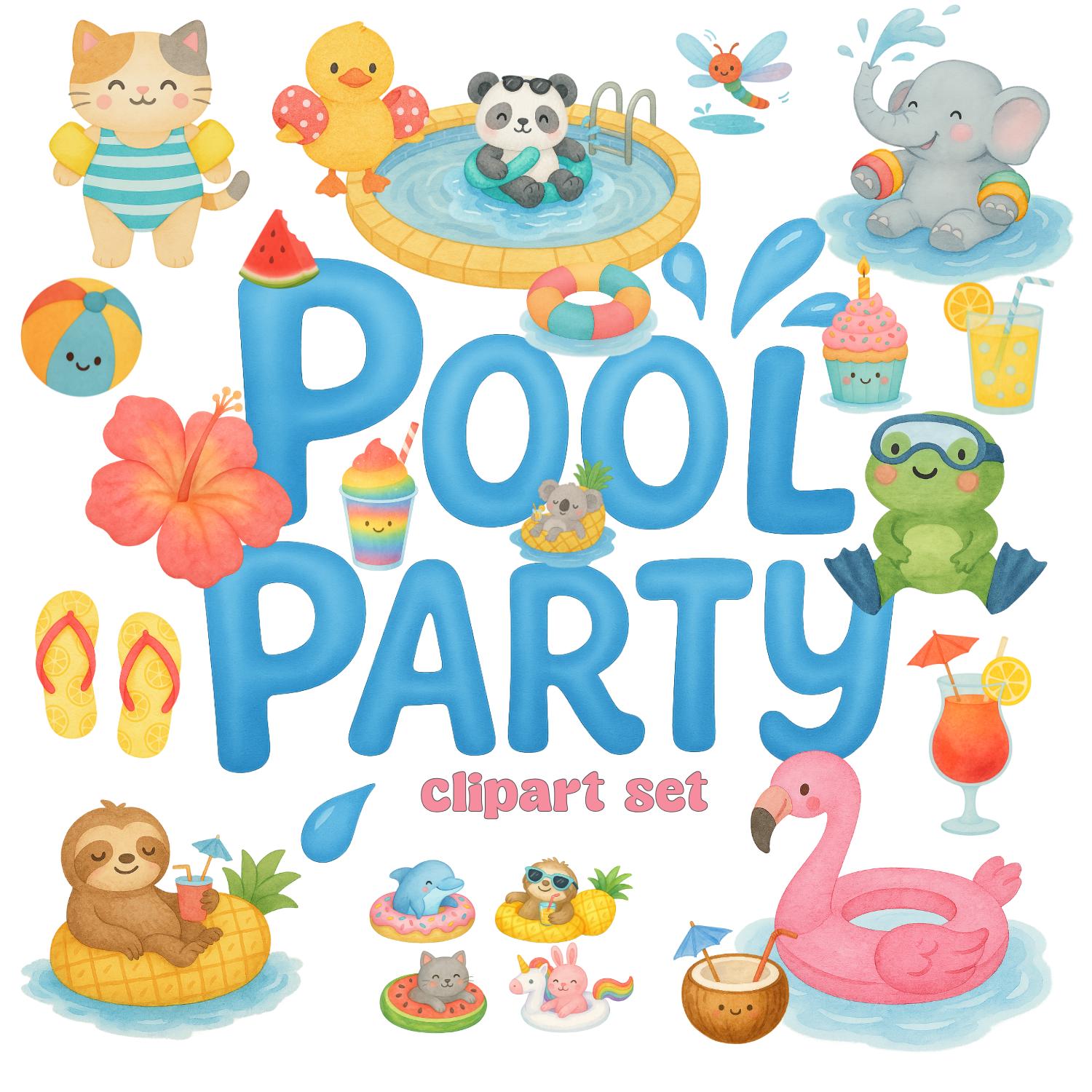 Pool Party Clipart – Cute Summer Animals, Floaties & Swimwear Pngs ...