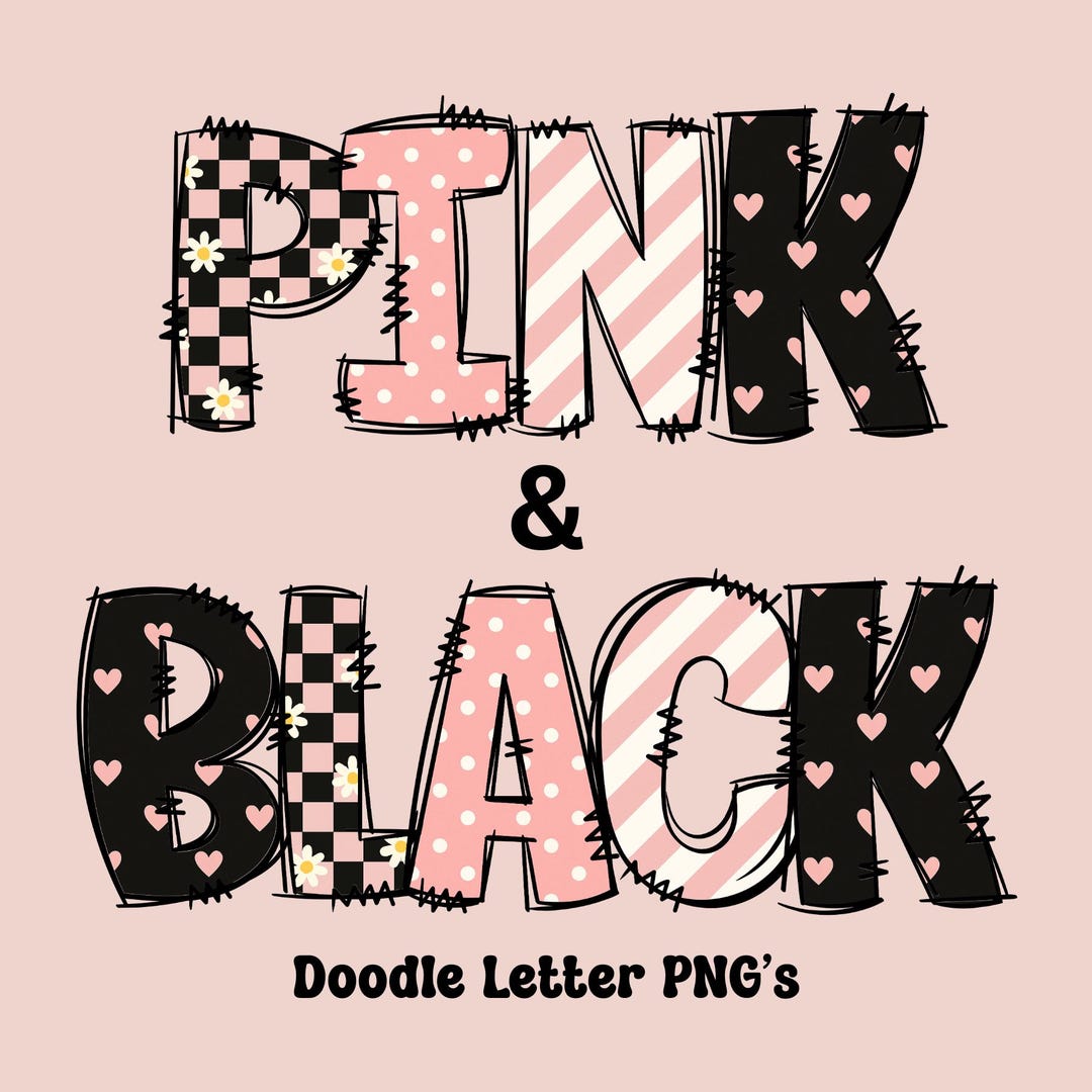 Pink & Black Doodle Letter PNG Bundle: 4 Alphabet Styles (commercial ...