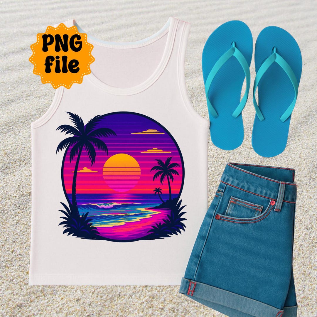 80s Sunset Retro Beach PNG – Neon Vaporwave Palm Tree Clipart for ...