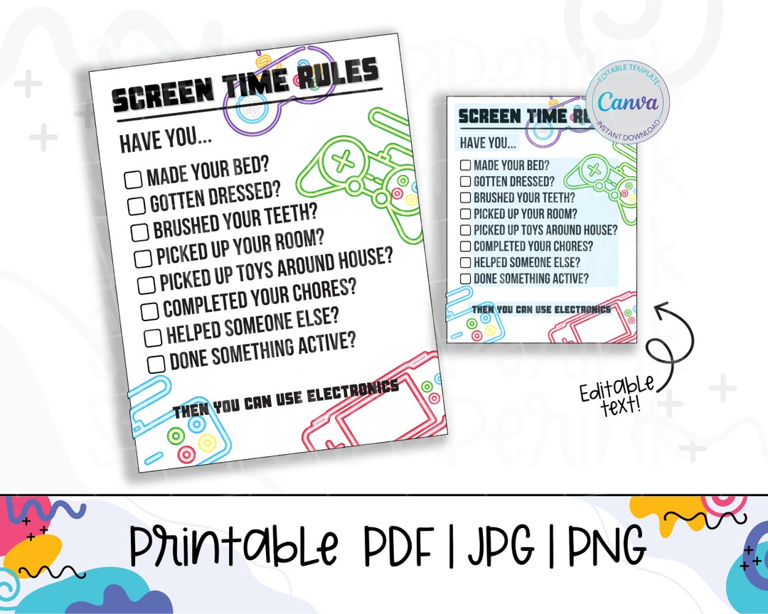 Screen Time Rules for Kids, Printable Editable Video Game Screen Time ...