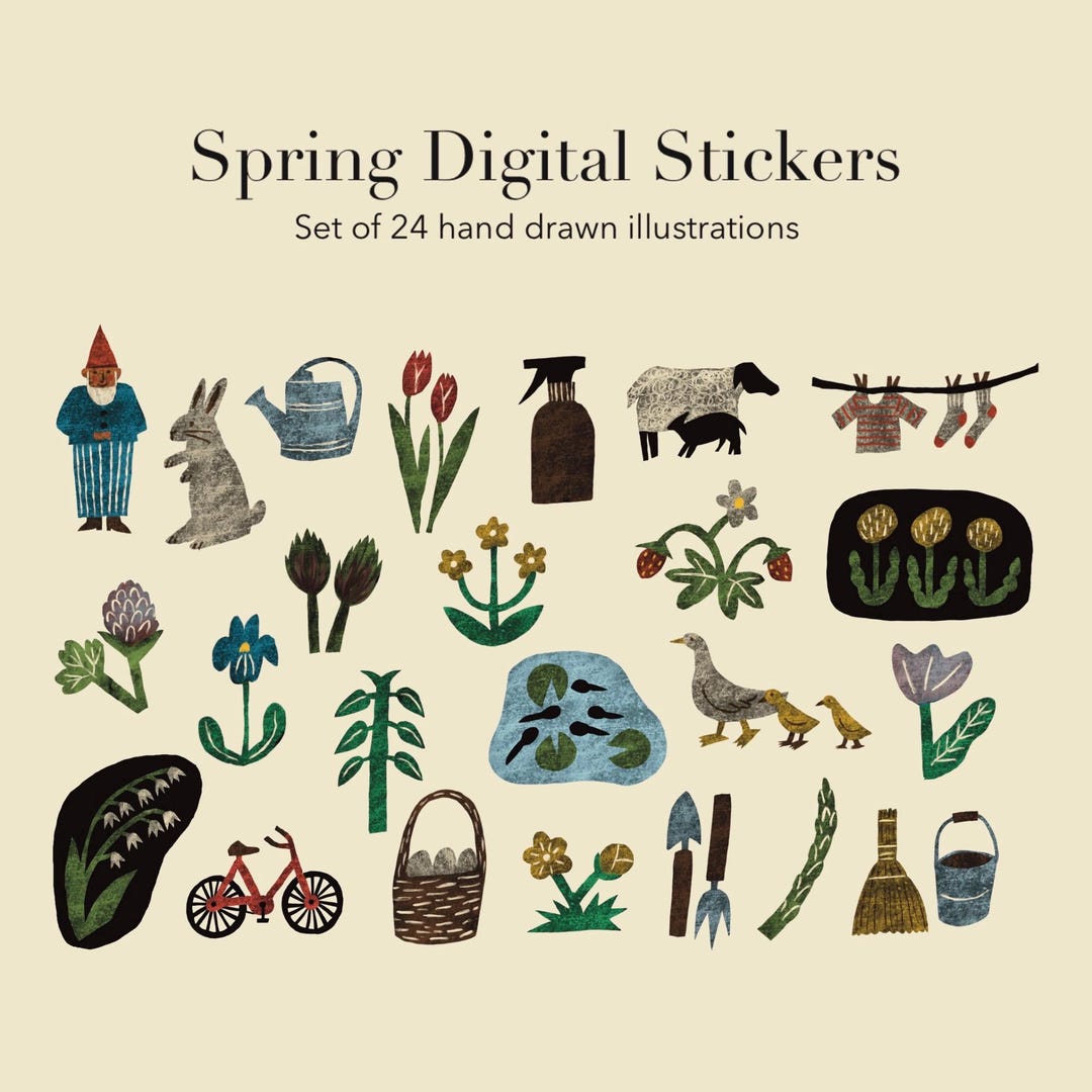 Spring Stickers PNG – Printable Sticker Sheet & Clipart Pack, Cozy Hand ...
