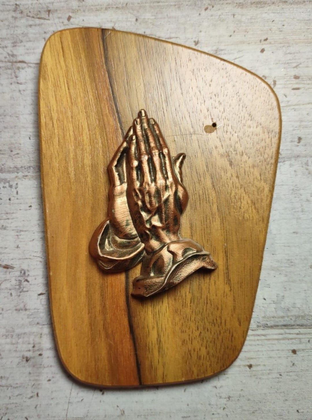 Vintage Wood and Copper Color Plastic Praying Hands Plaque Germany 4 1/ ...