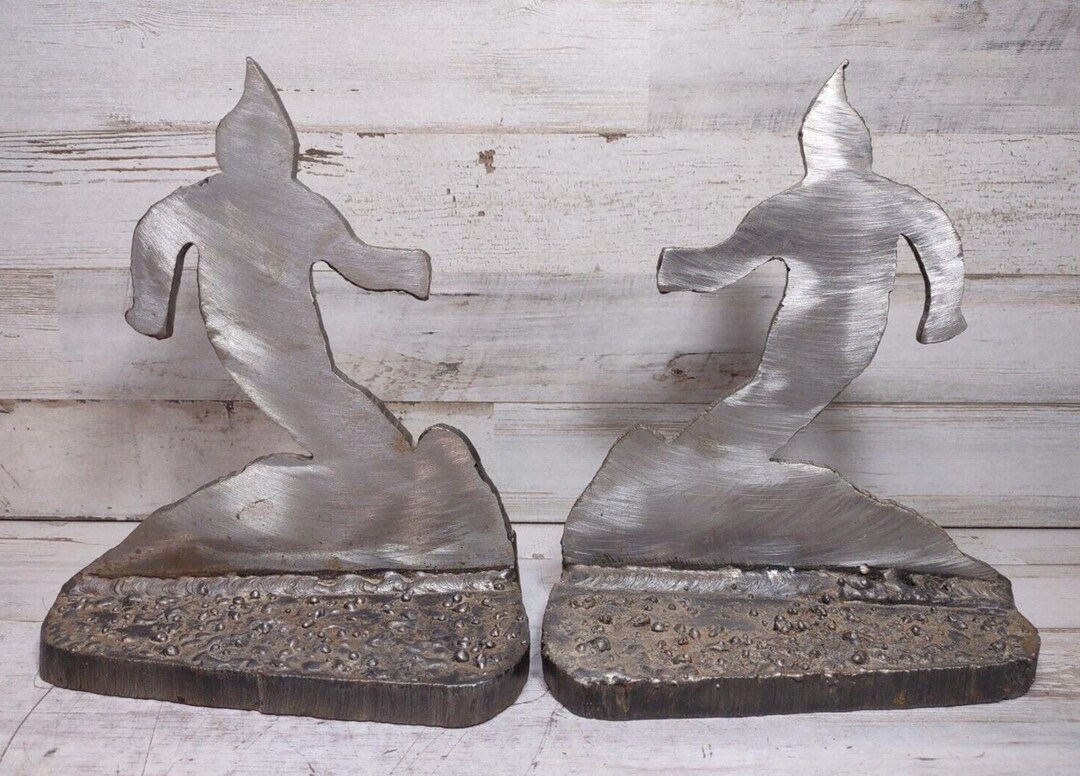 Vintage Brutalist MCM Heavy Cut Steel Ghost Skier Skiing Bookends Jaffe ...