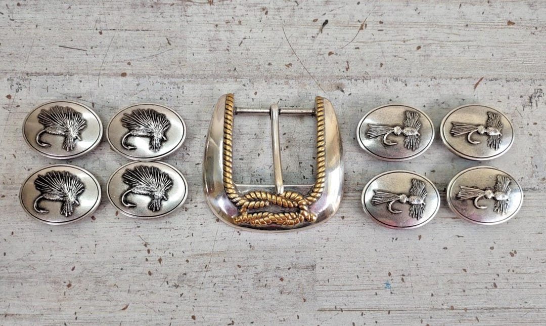 Vintage Ivan Metal Rope Belt Buckle and Set of 8 Screwback Fly Fishing ...